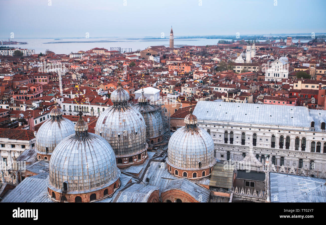 Beautiful super wide-angle aerial view of Venice, Italy with harbor ...