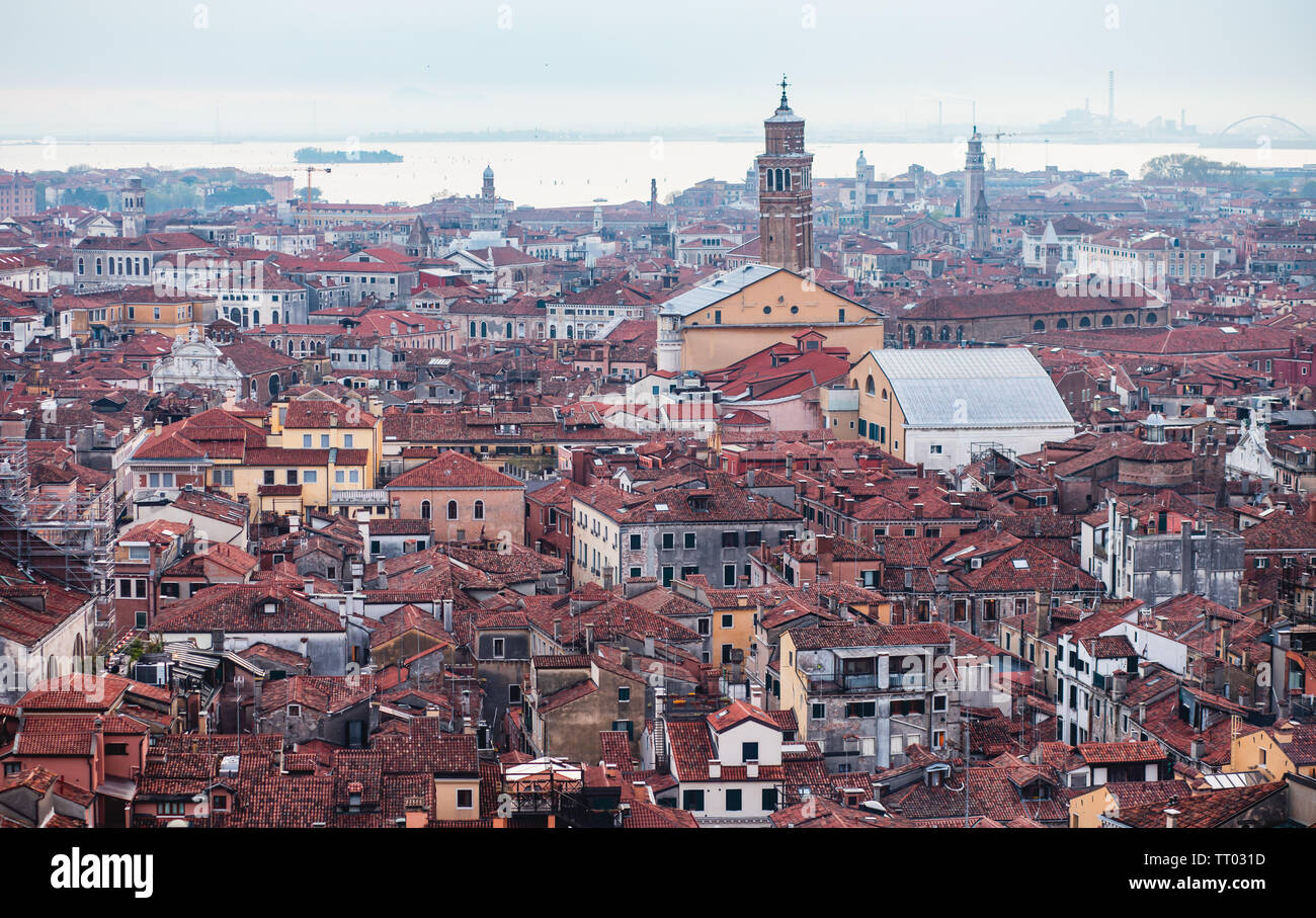 Beautiful super wide-angle aerial view of Venice, Italy with harbor ...