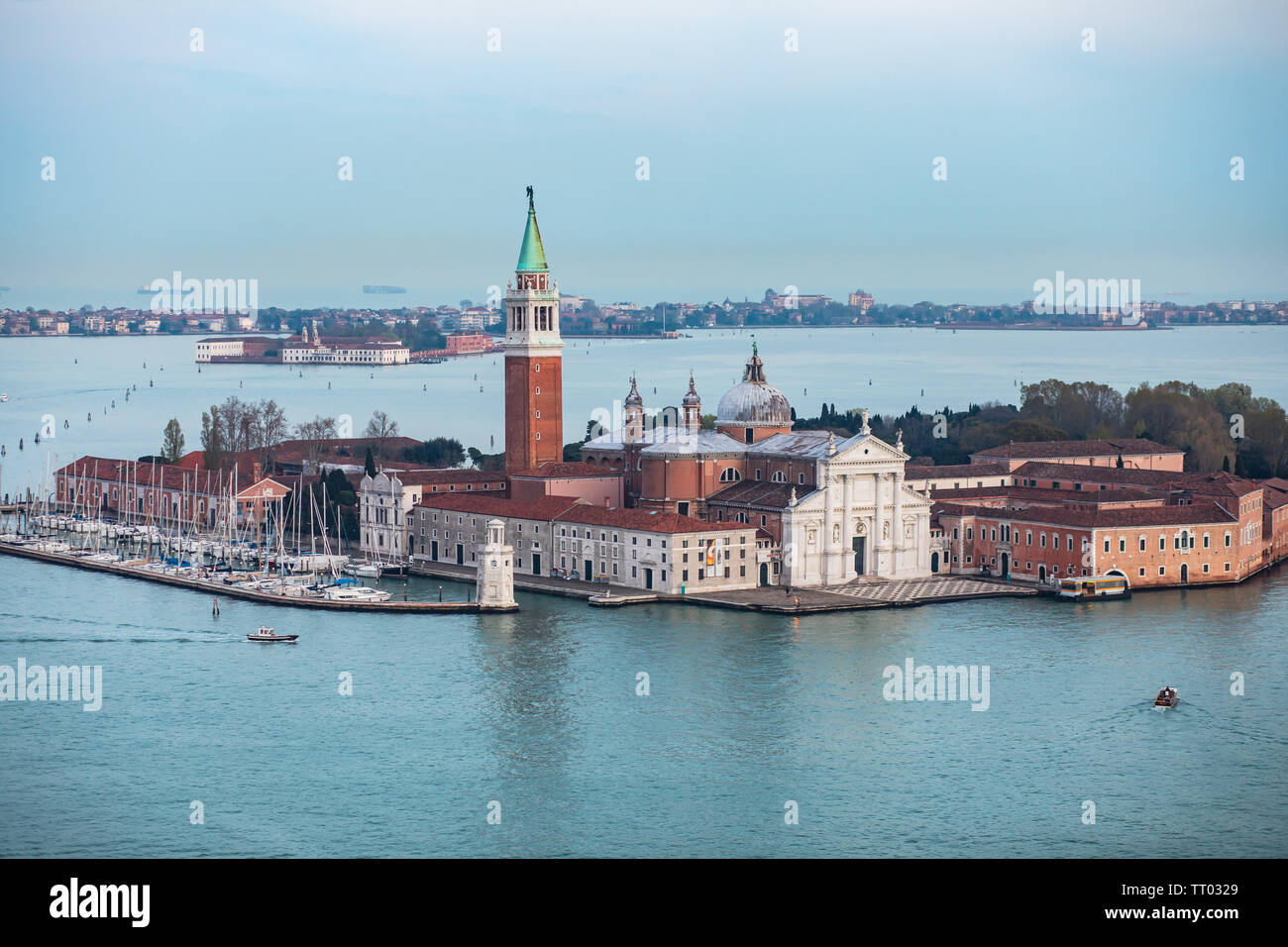 Beautiful super wide-angle aerial view of Venice, Italy with harbor ...