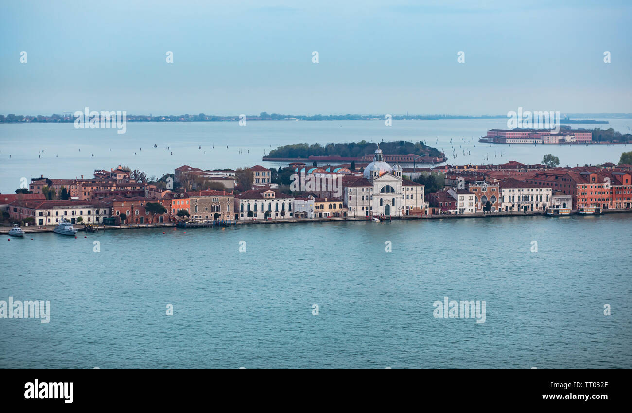 Beautiful super wide-angle aerial view of Venice, Italy with harbor ...