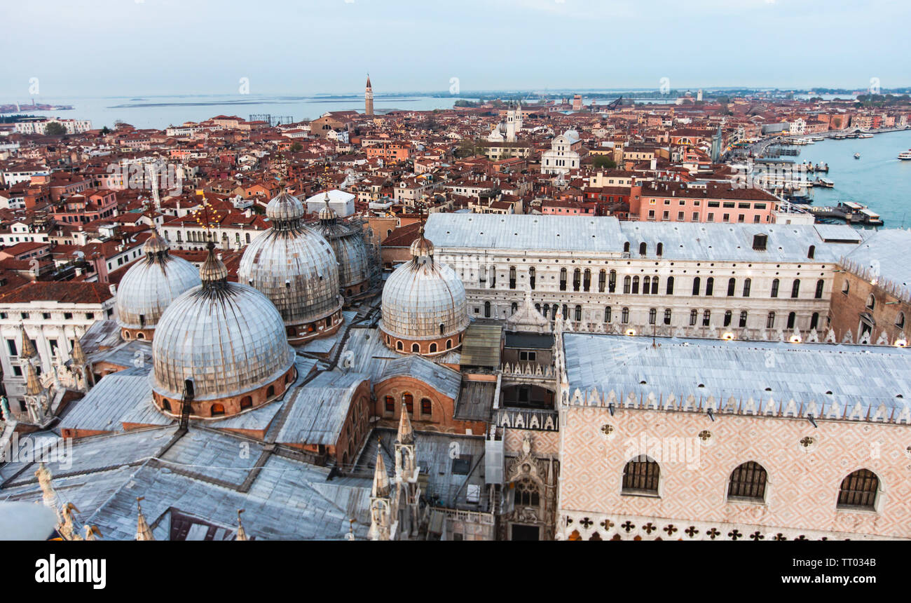 Beautiful super wide-angle aerial view of Venice, Italy with harbor ...