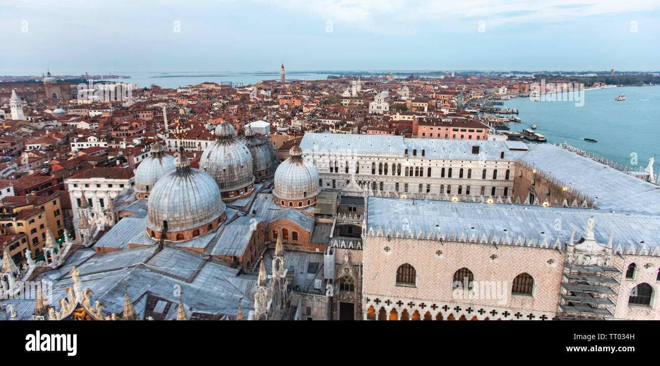 Beautiful super wide-angle aerial view of Venice, Italy with harbor ...