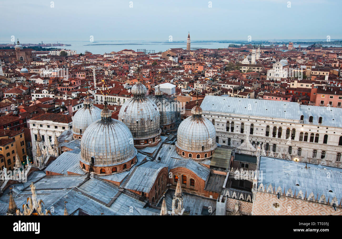 Beautiful super wide-angle aerial view of Venice, Italy with harbor ...