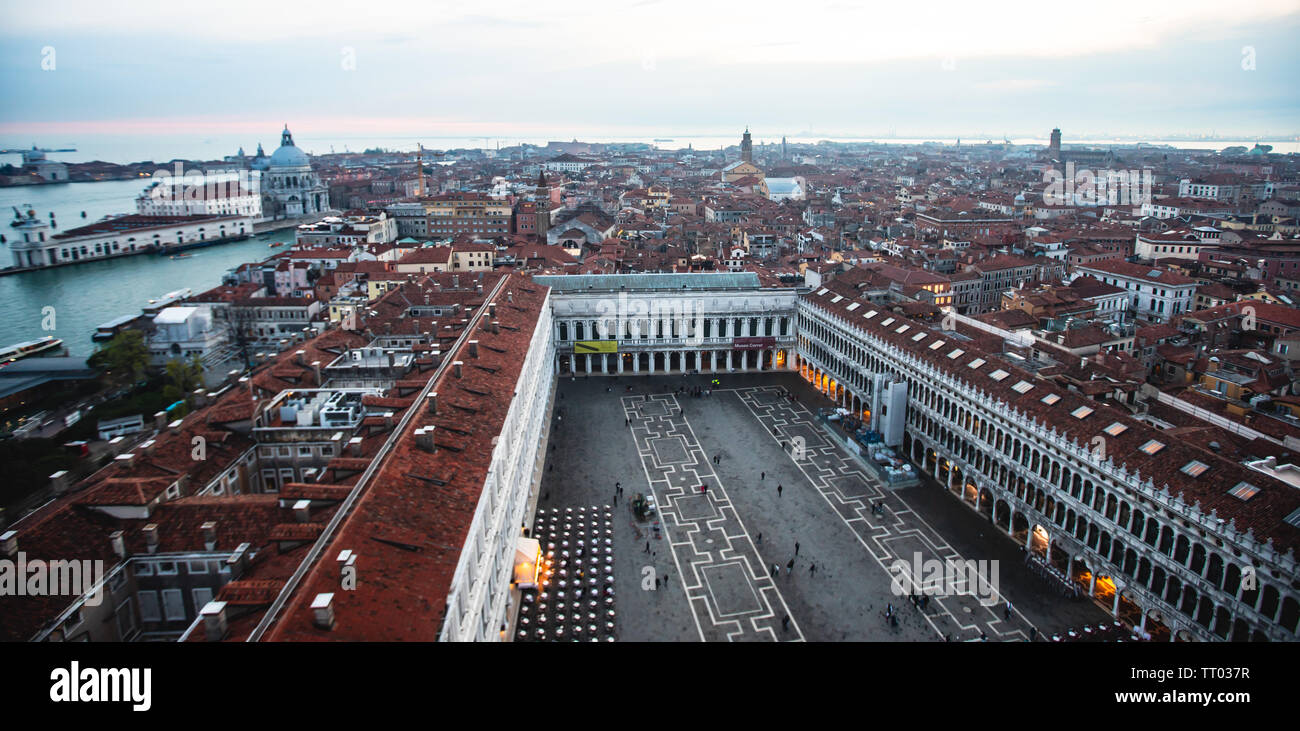 Beautiful super wide-angle aerial view of Venice, Italy with harbor ...