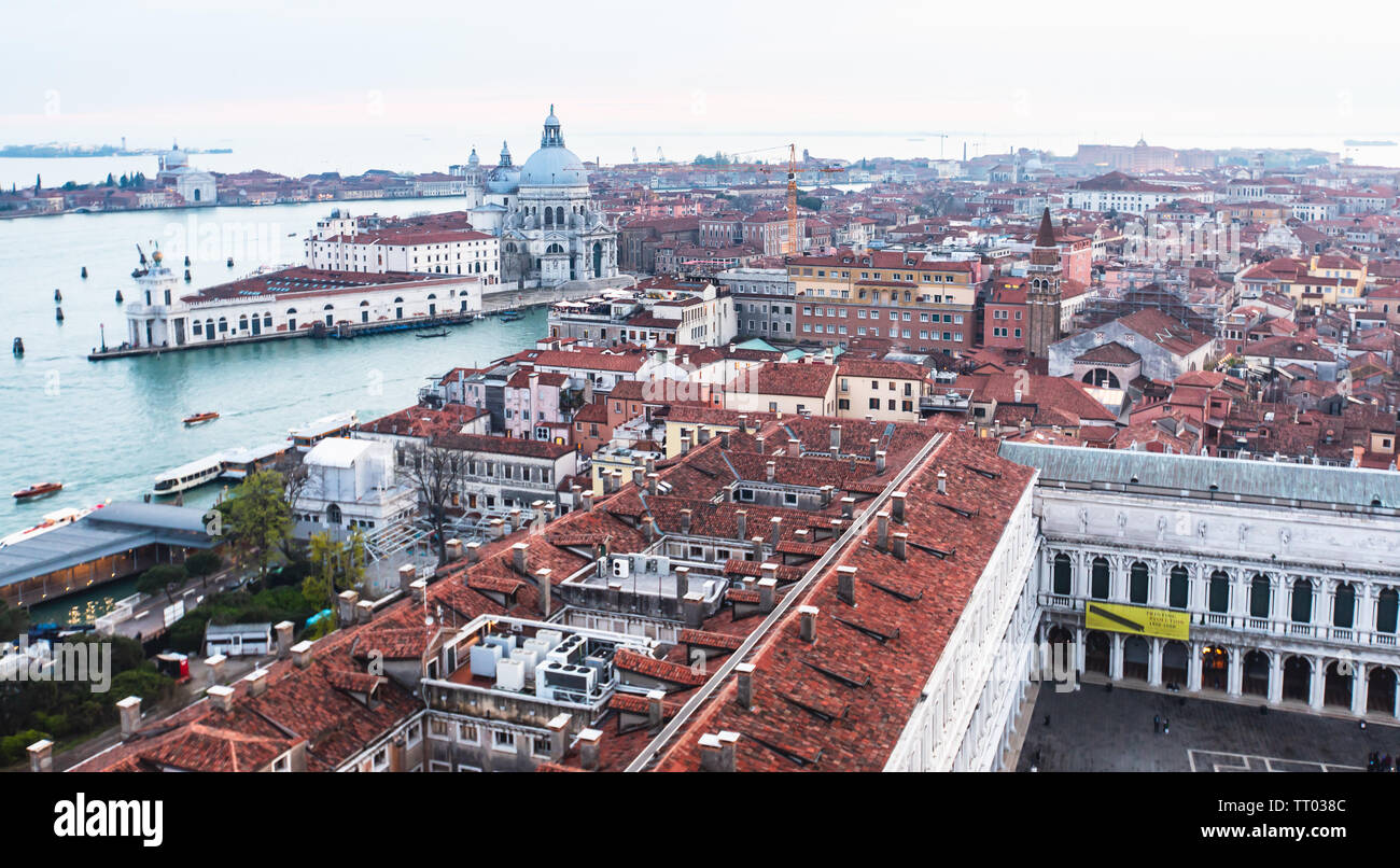 Beautiful super wide-angle aerial view of Venice, Italy with harbor ...