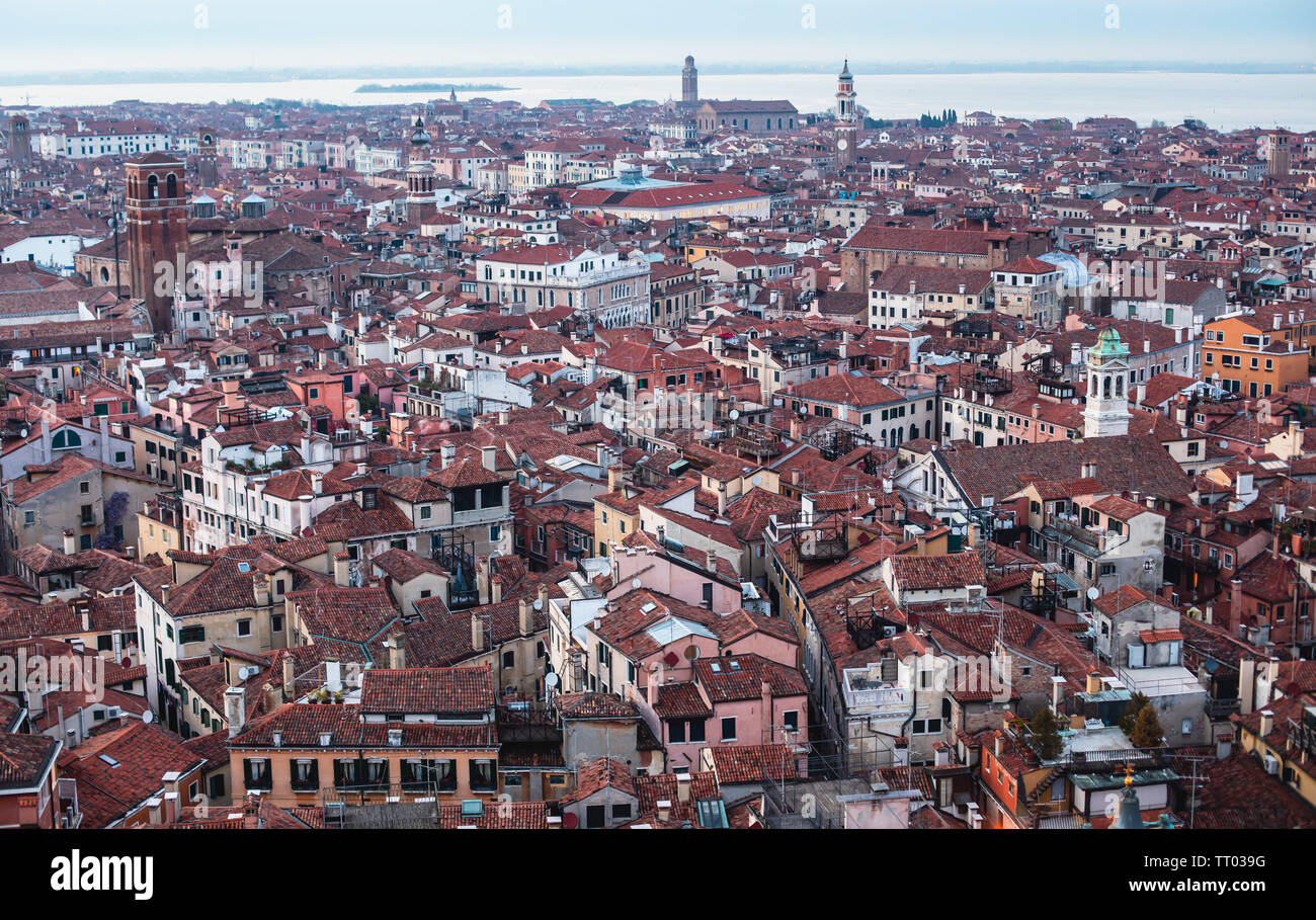 Beautiful super wide-angle aerial view of Venice, Italy with harbor ...
