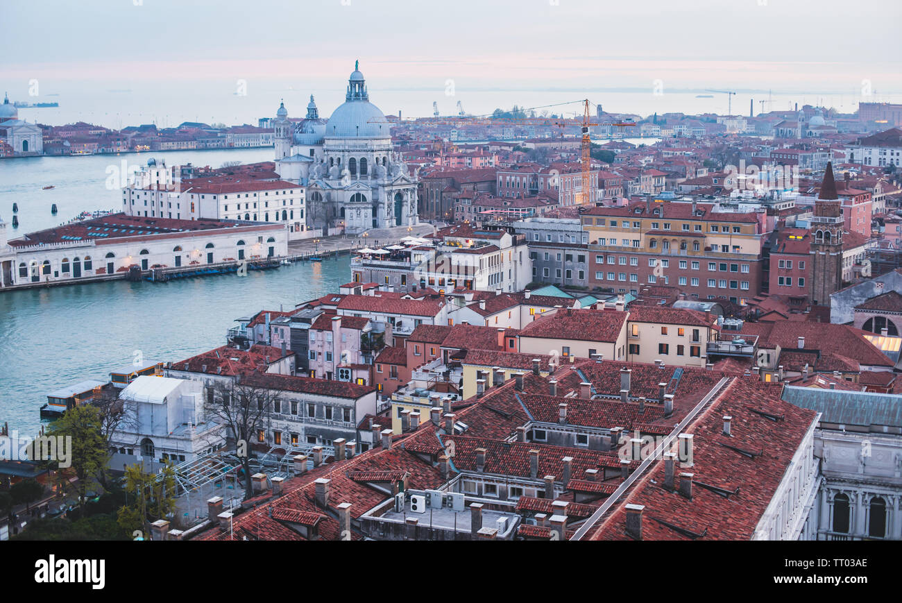 Beautiful super wide-angle aerial view of Venice, Italy with harbor ...
