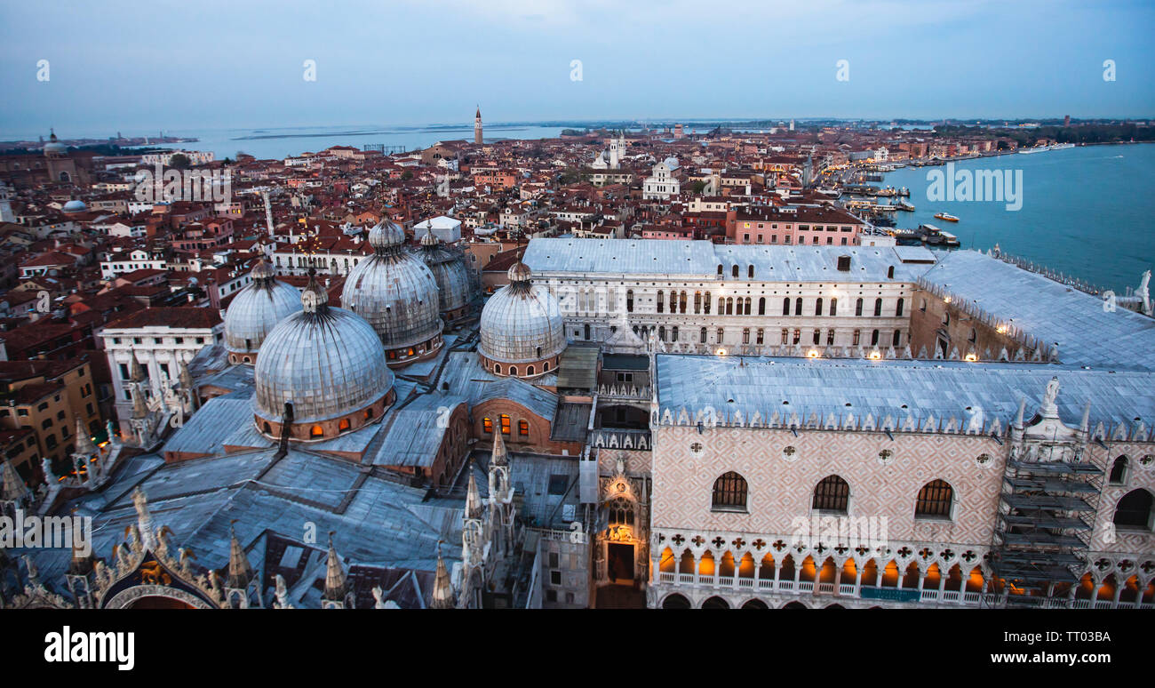 Beautiful super wide-angle aerial view of Venice, Italy with harbor ...