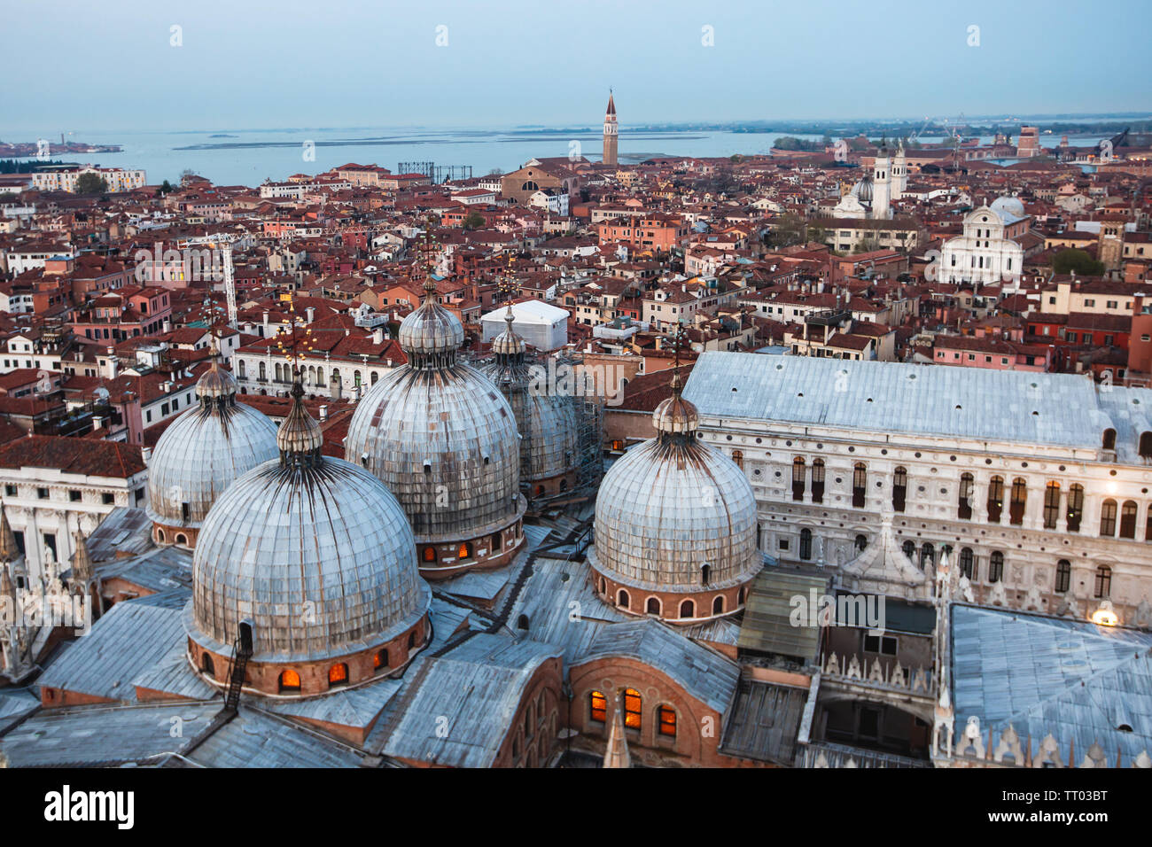 Beautiful super wide-angle aerial view of Venice, Italy with harbor ...