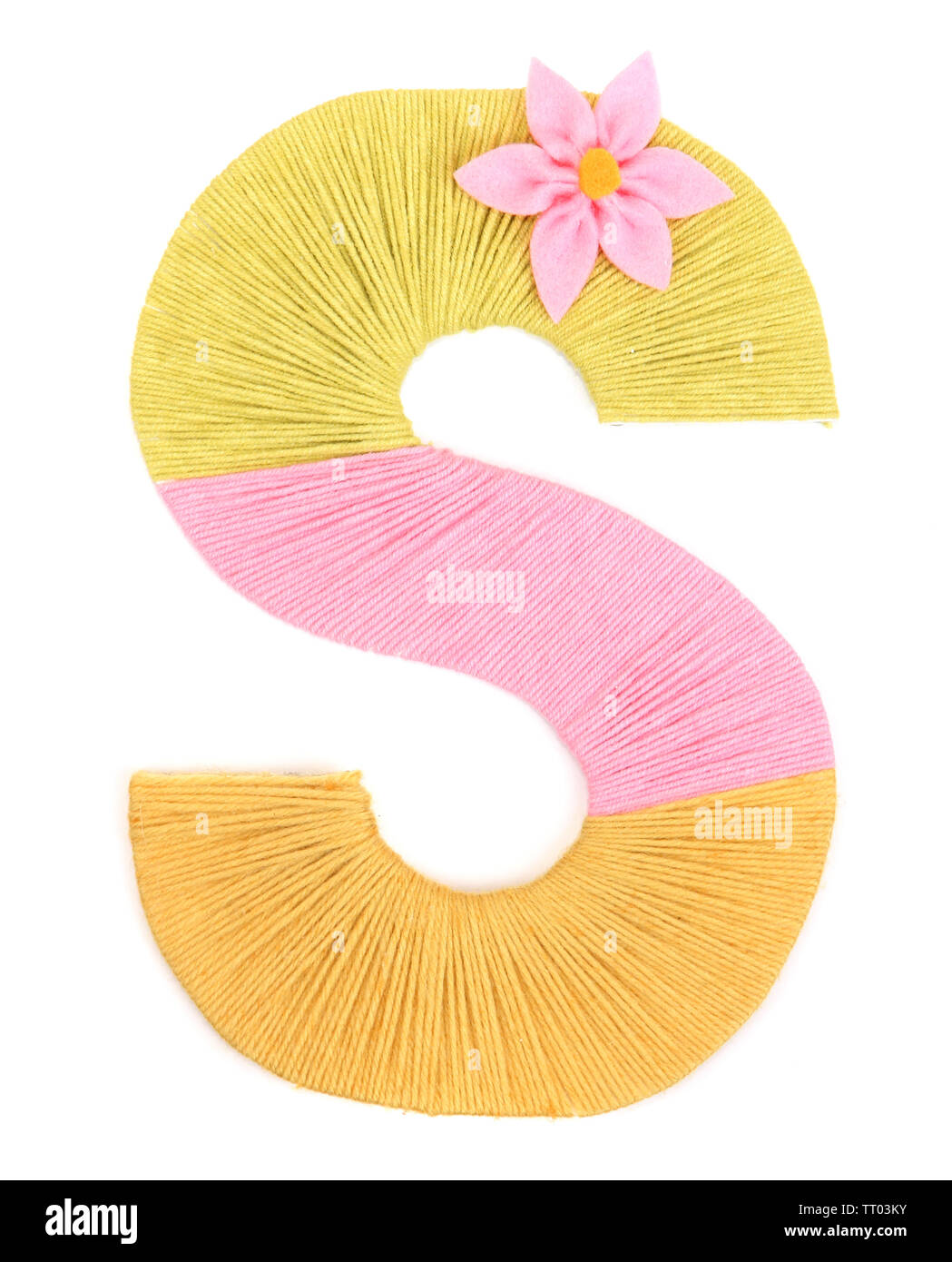 Letter S created with brightly colored knitting yard isolated on white ...