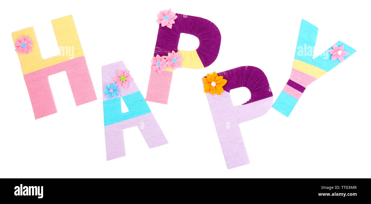 Word Happy created with brightly colored knitting yard isolated on ...