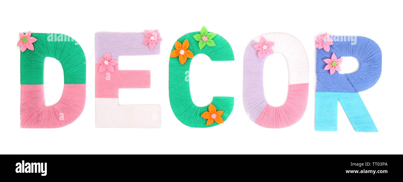 Word Decor created with brightly colored knitting yard isolated on ...