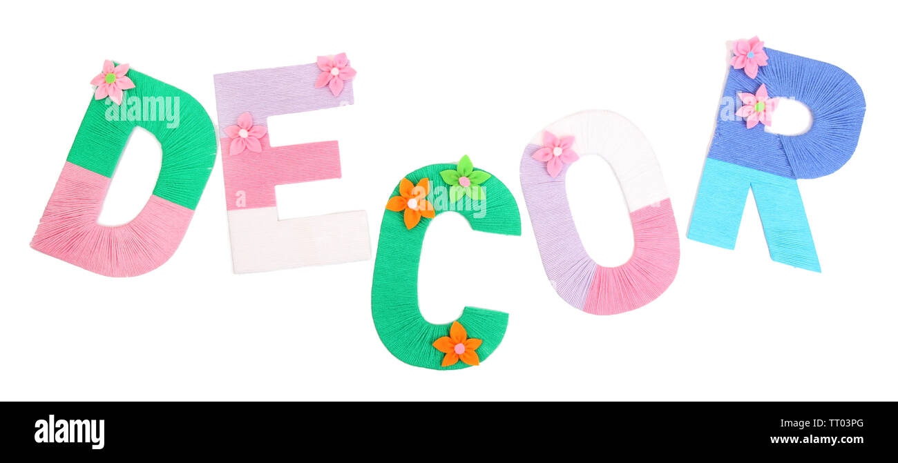 Word Decor created with brightly colored knitting yard isolated on ...