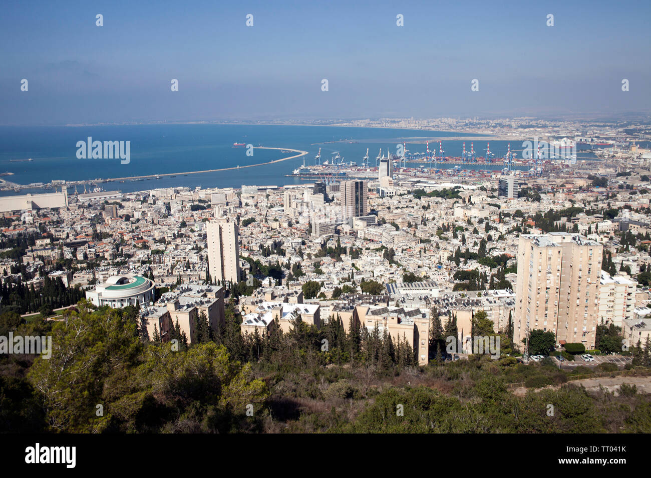 Israel: Haifa. Overview of the city and the harbour from the Terraces ...
