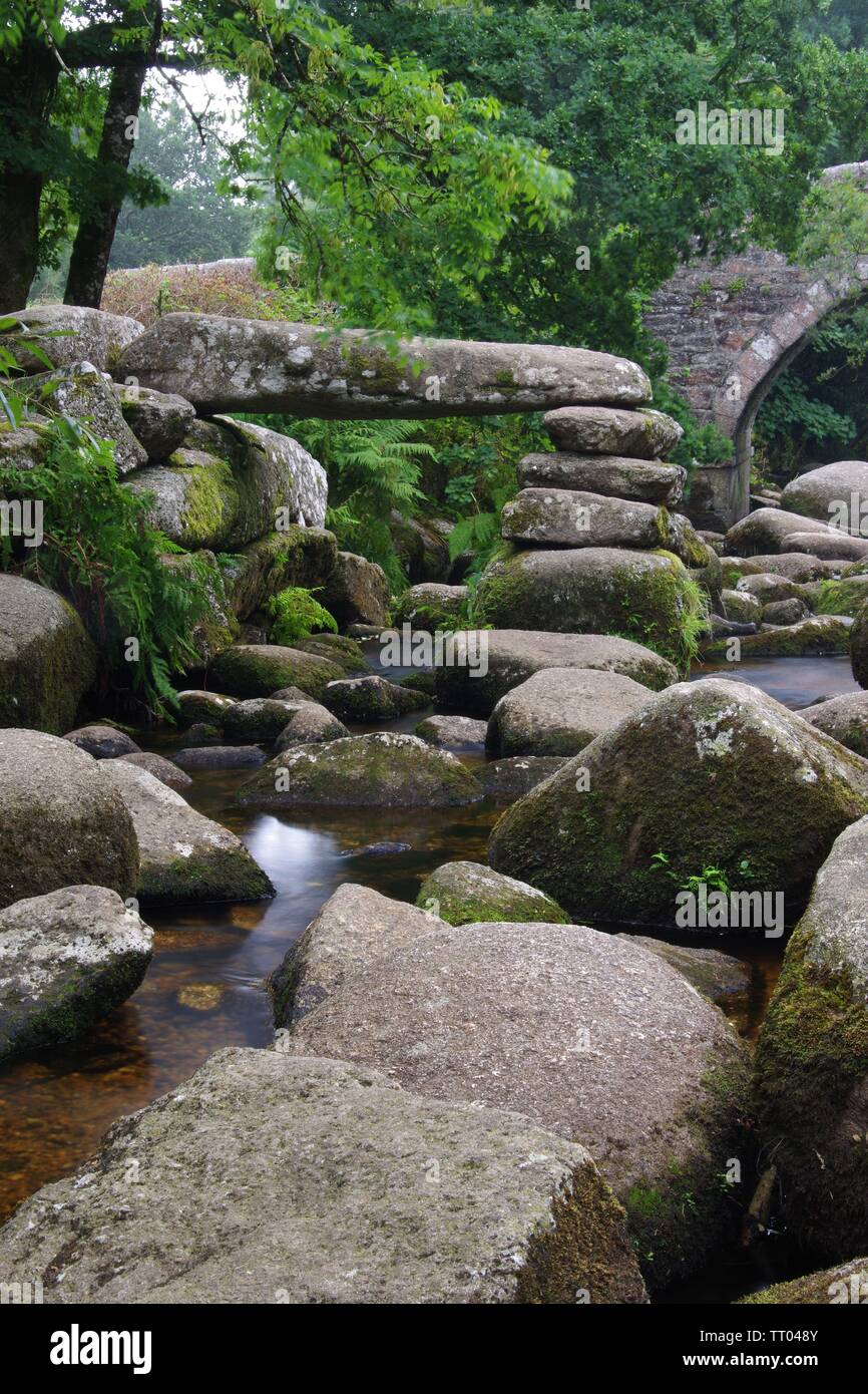 Clapper Bridge over the East Dart River at Dartmeet on an Overcast ...