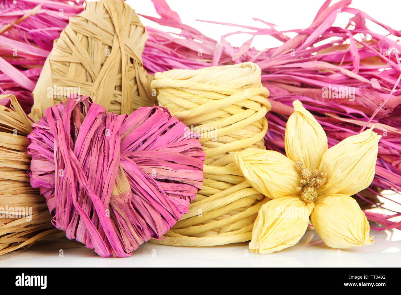 Decorative straw for hand made, flower and hearts of straw, isolated on ...