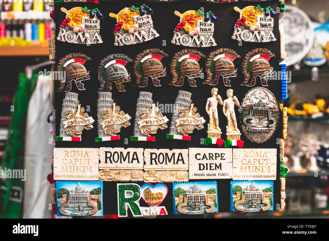 View of traditional tourist souvenirs and gifts from Rome and Vatican ...