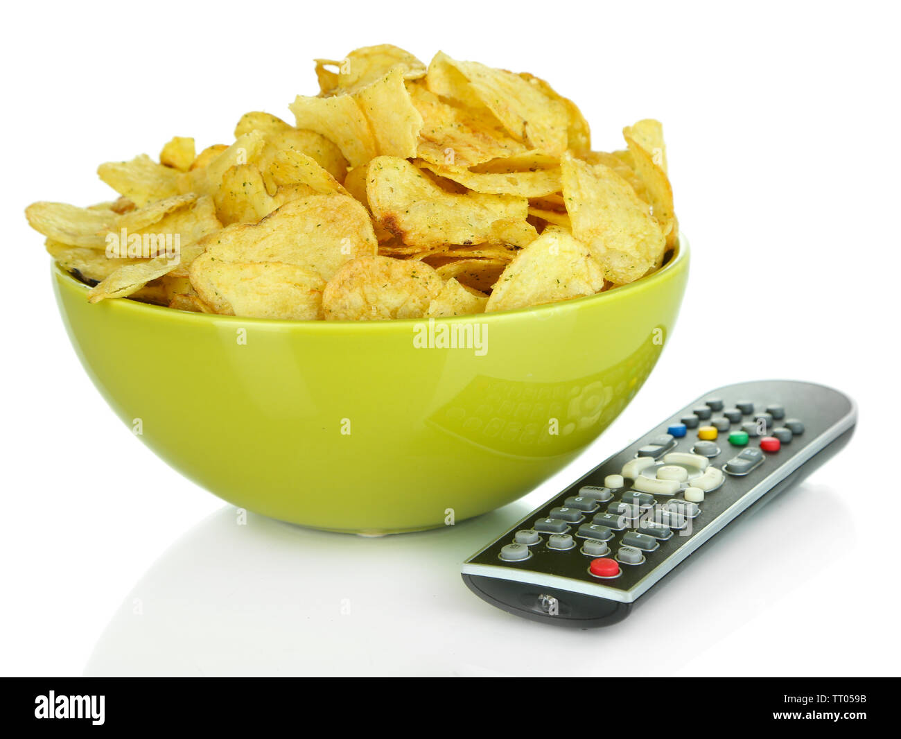 Chips in bowl and TV remote isolated on white Stock Photo - Alamy