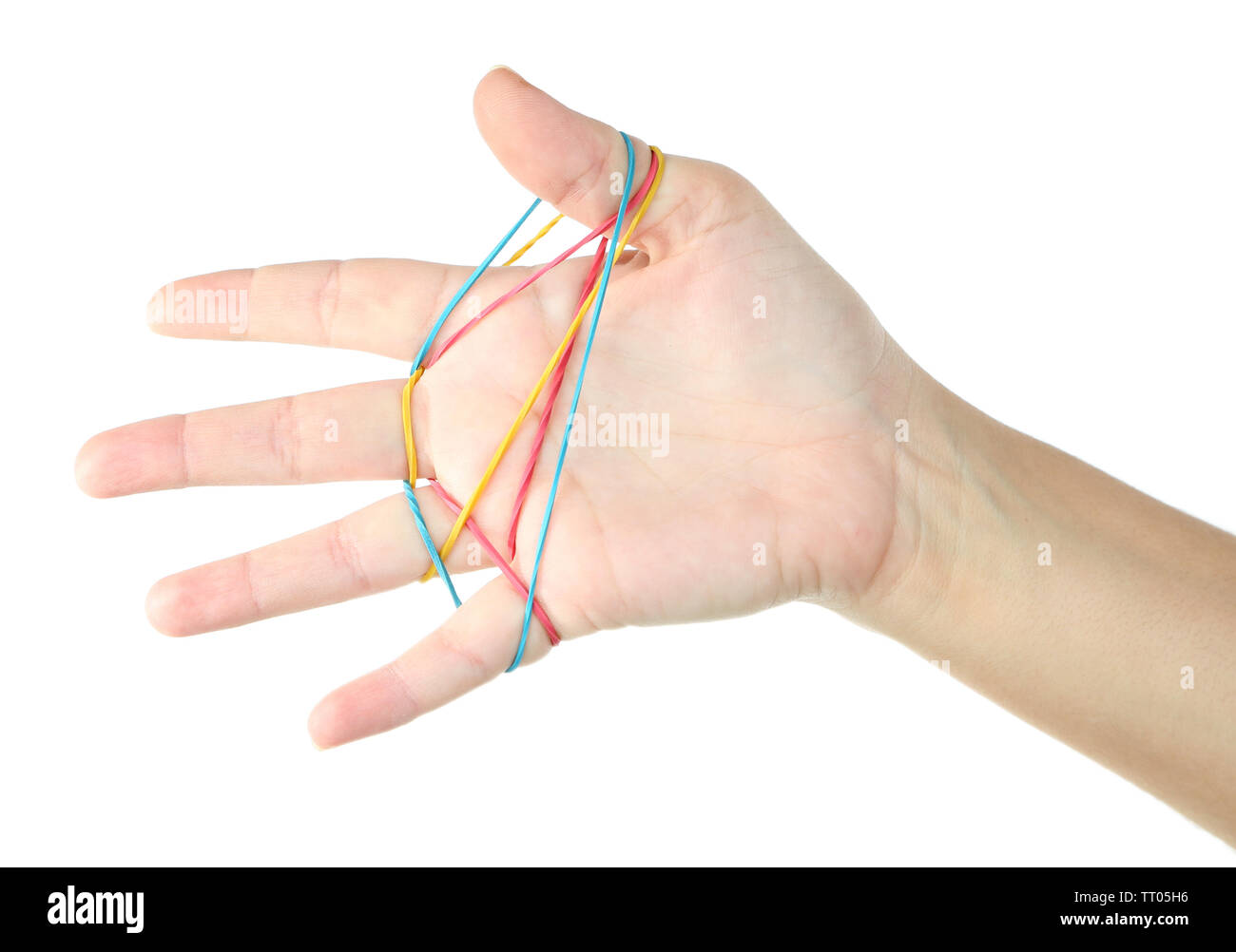 Elastic band on hands, isolated on white Stock Photo - Alamy