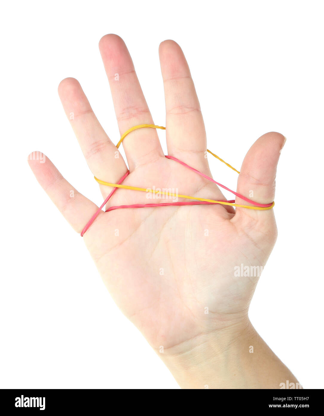 Elastic band on hands, isolated on white Stock Photo - Alamy