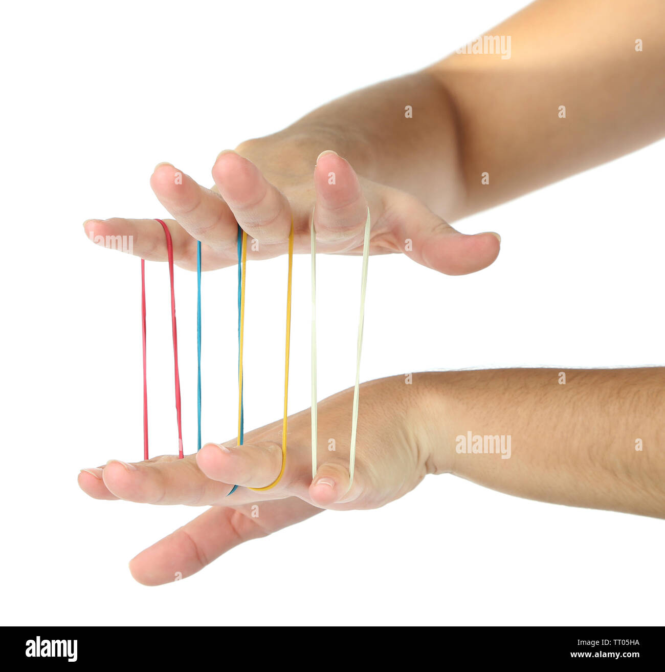 Elastic bands on hands, isolated on white Stock Photo - Alamy