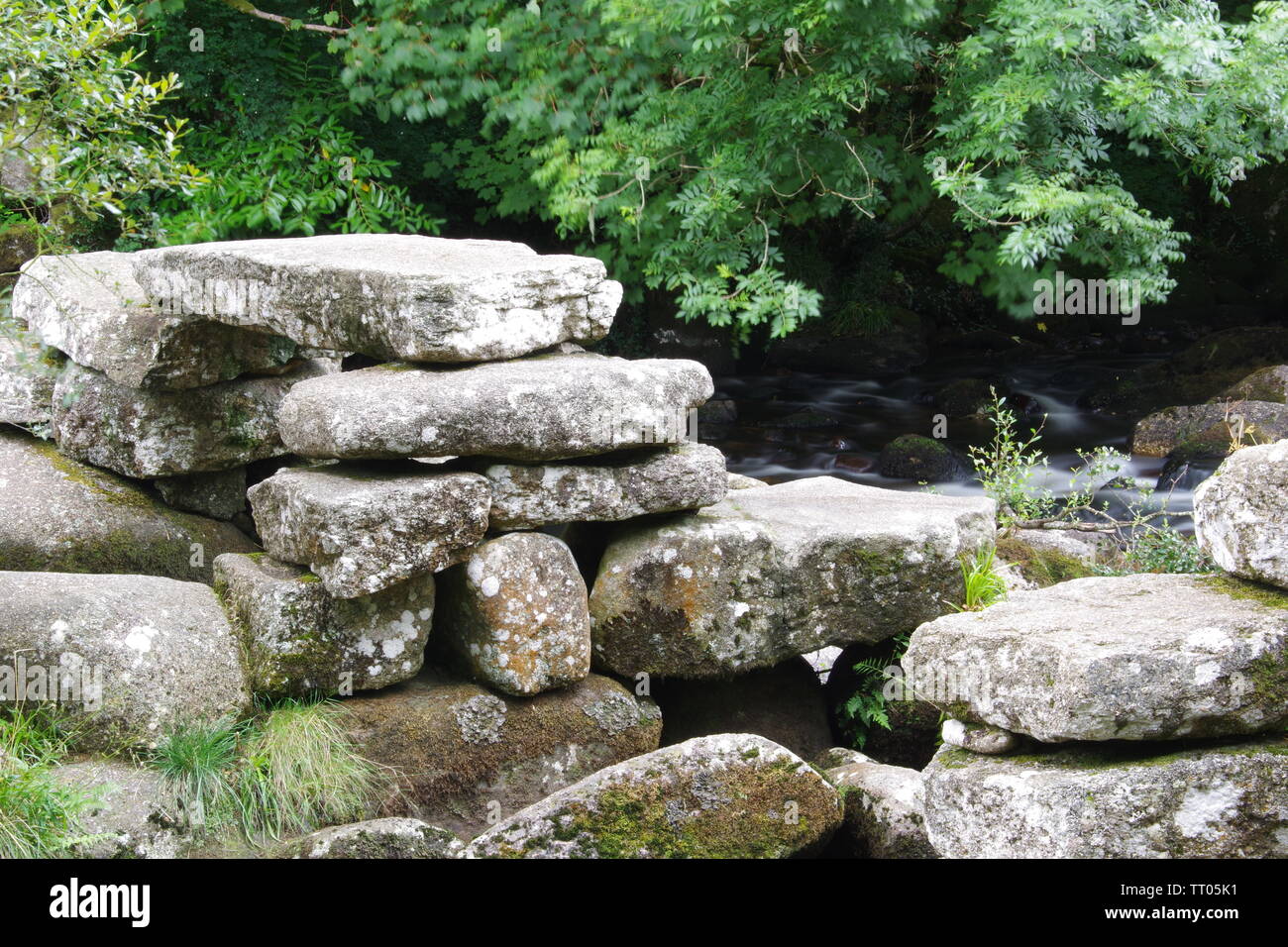 Clapper Bridge over the East Dart River at Dartmeet on an Overcast ...