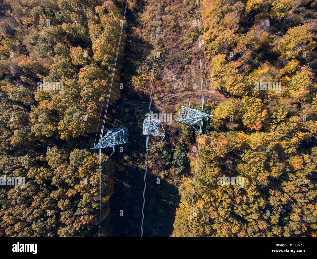 Aerial view. High voltage metal post. High-voltage tower. Top view ...
