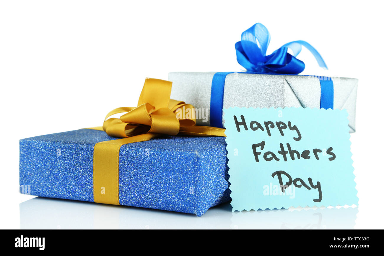 Happy Fathers Day tag with gift boxes, isolated on white Stock Photo ...