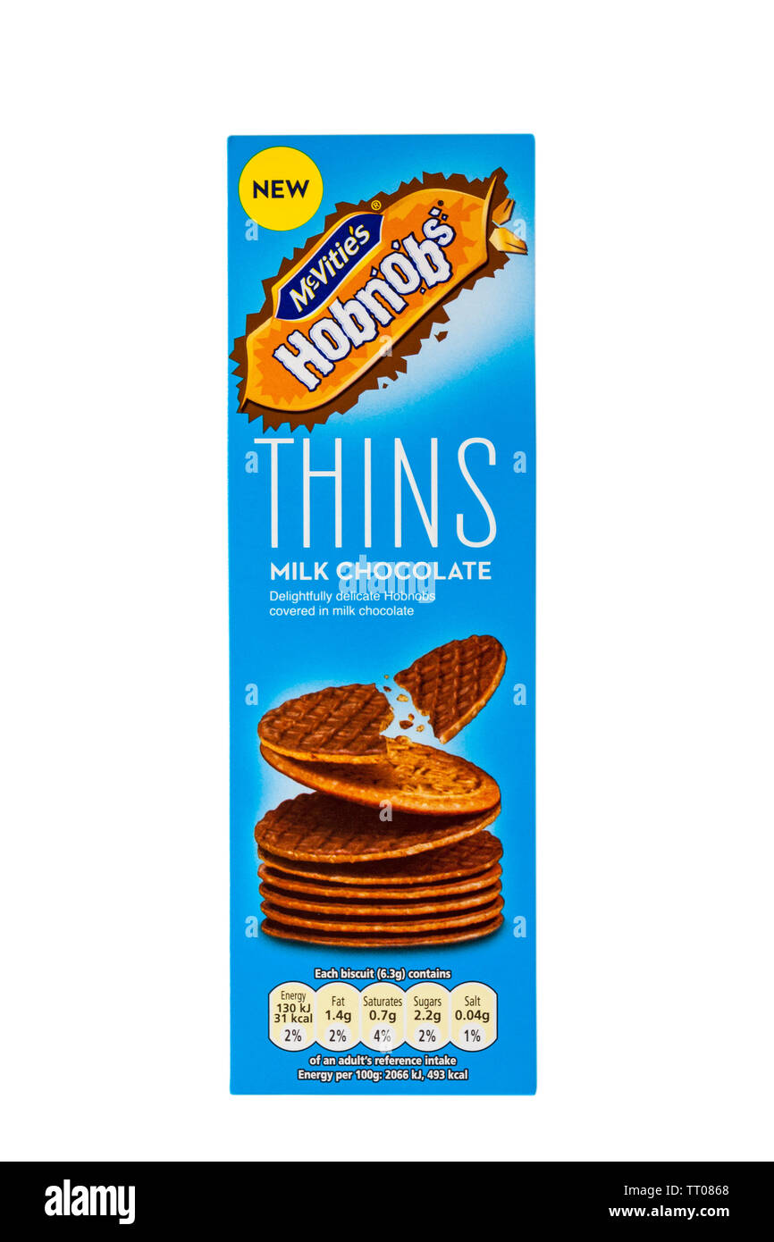 Box of McVities Hobnobs Thins milk chocolate biscuits isolated on white ...