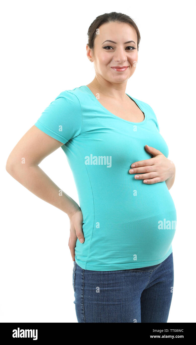 Beautiful Young Pregnant Woman Touching Her Belly Isolated On White