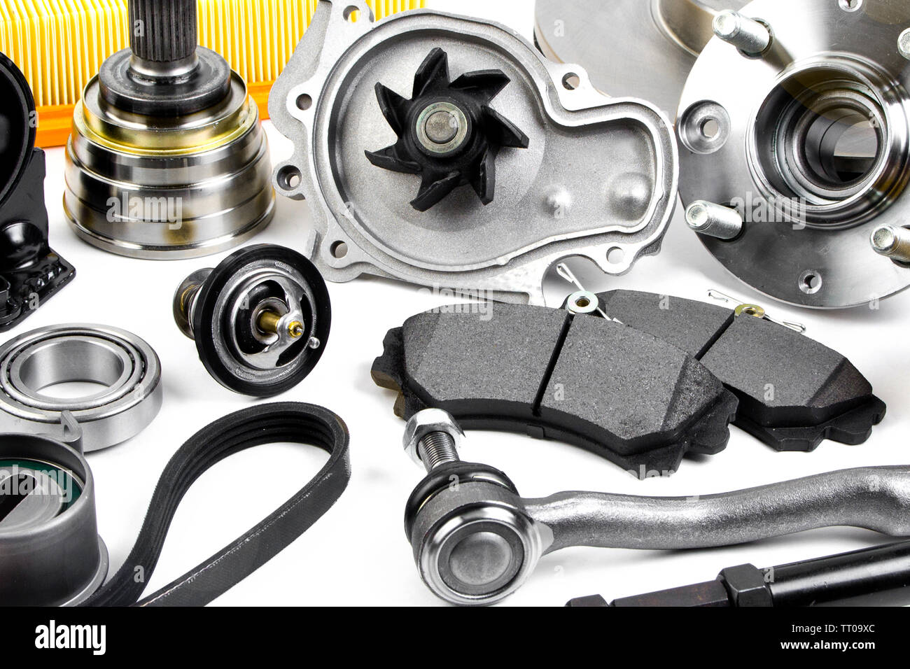 Auto parts background. Hub, pump, brake pads, filter, timing belt ...