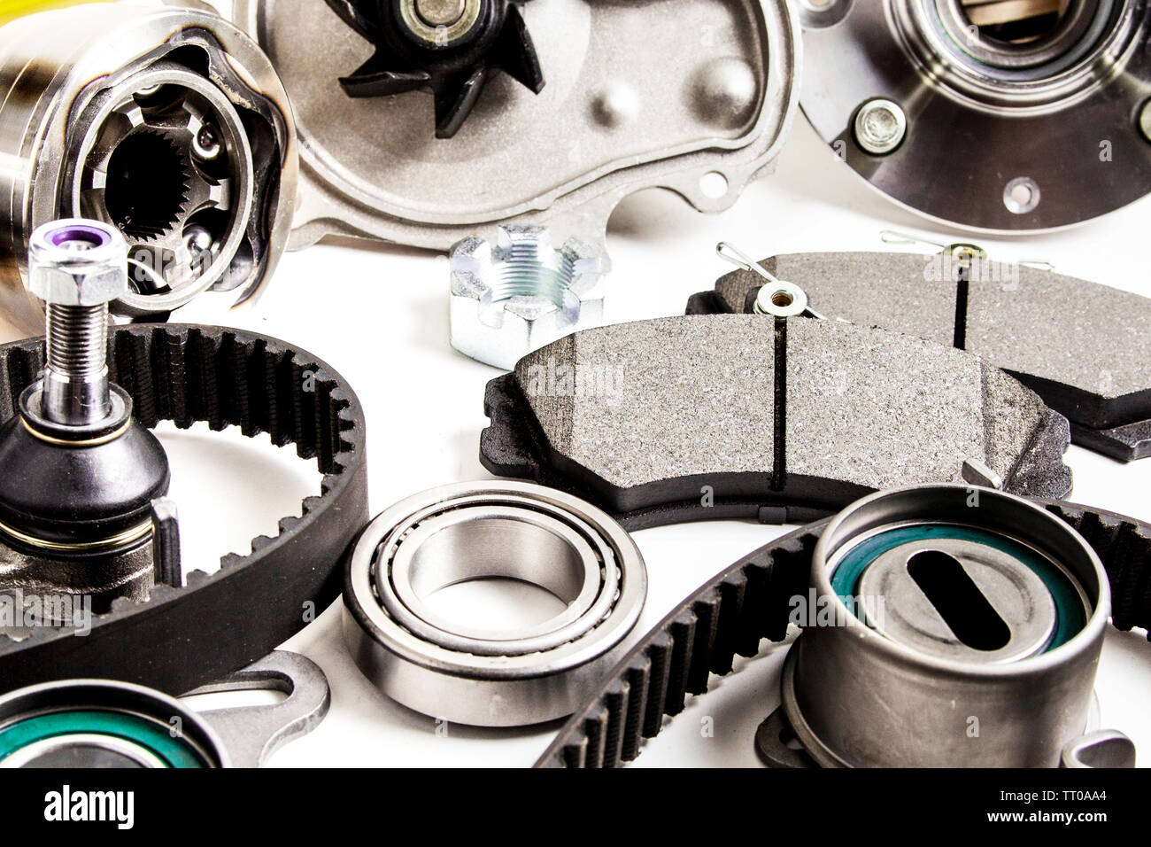 Auto parts background. Hub, pump, brake pads, filter, timing belt ...
