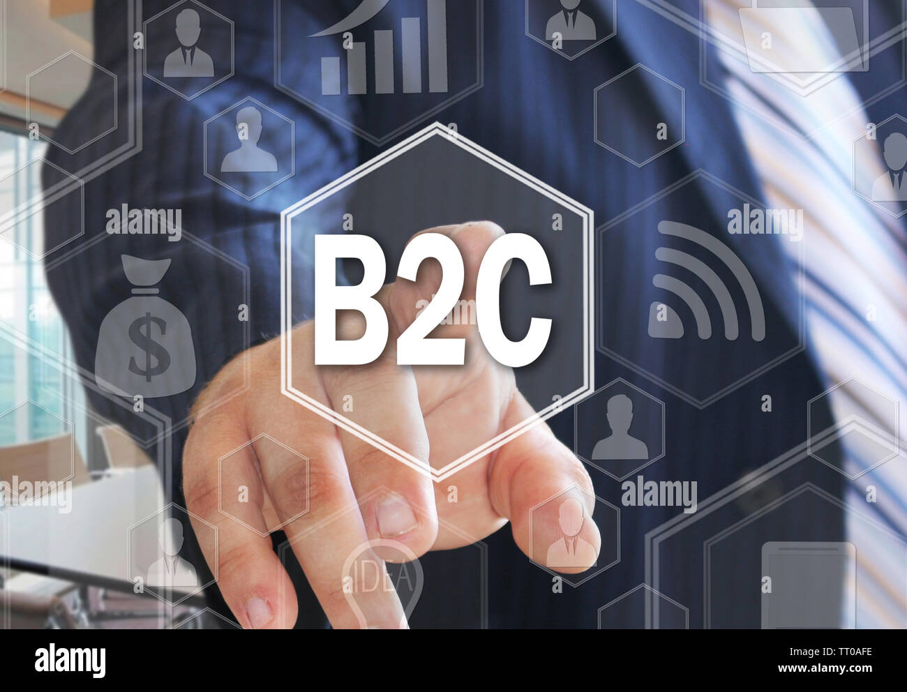 The businessman chooses B2C, Business-to-consumer on the touch screen ...