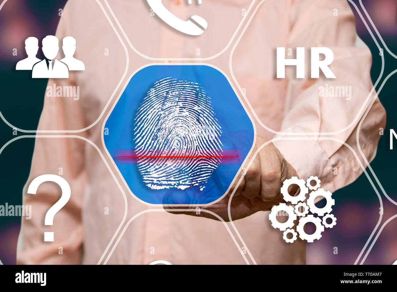 Businessman passes Fingerprint scanning on the touch screen network ...