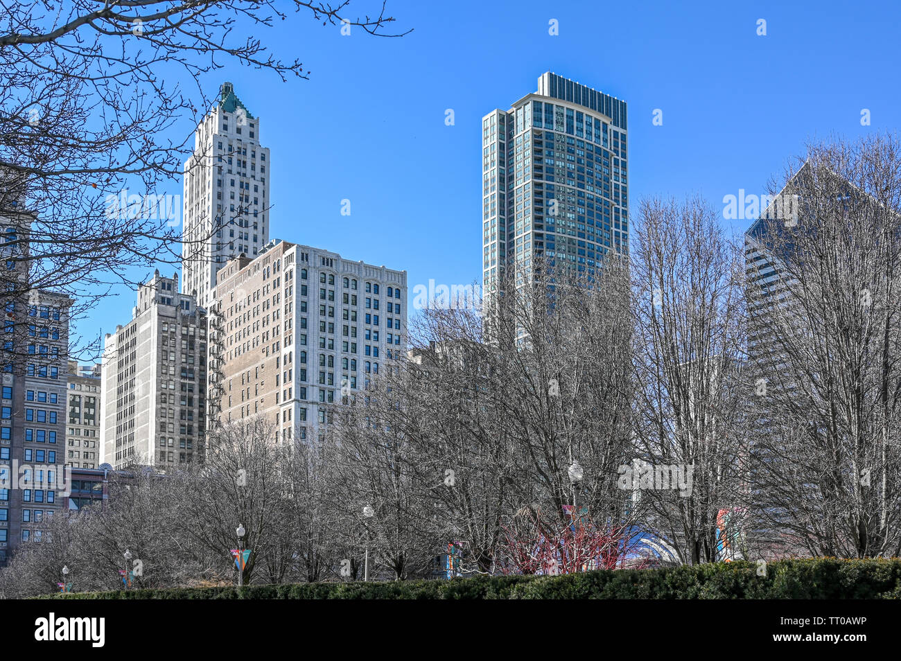 Chicago skyline viewed from Millenium Park during early spring. Chicago ...