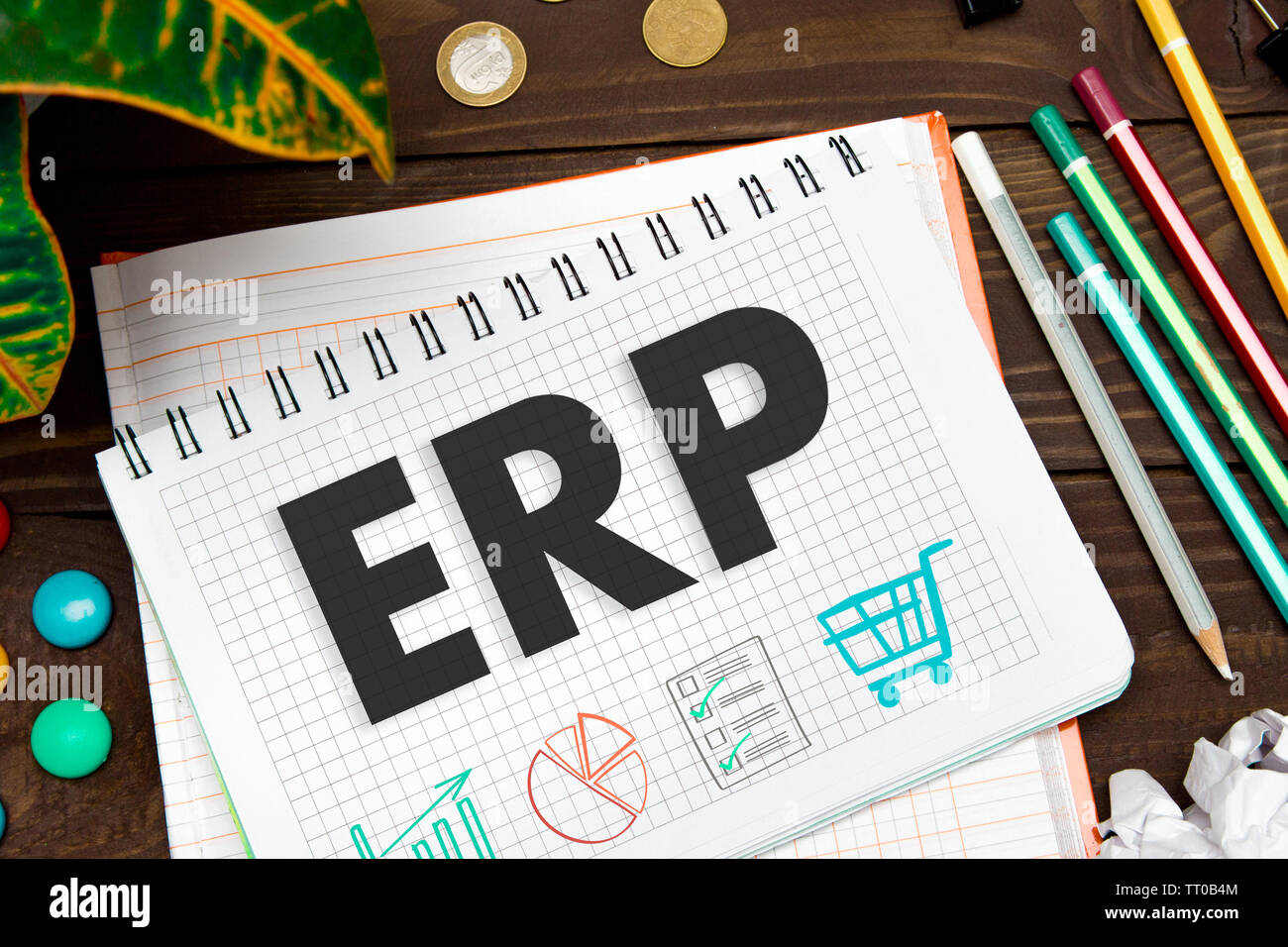 Notebook with a notes ERP on the office table with tools. Concept with ...
