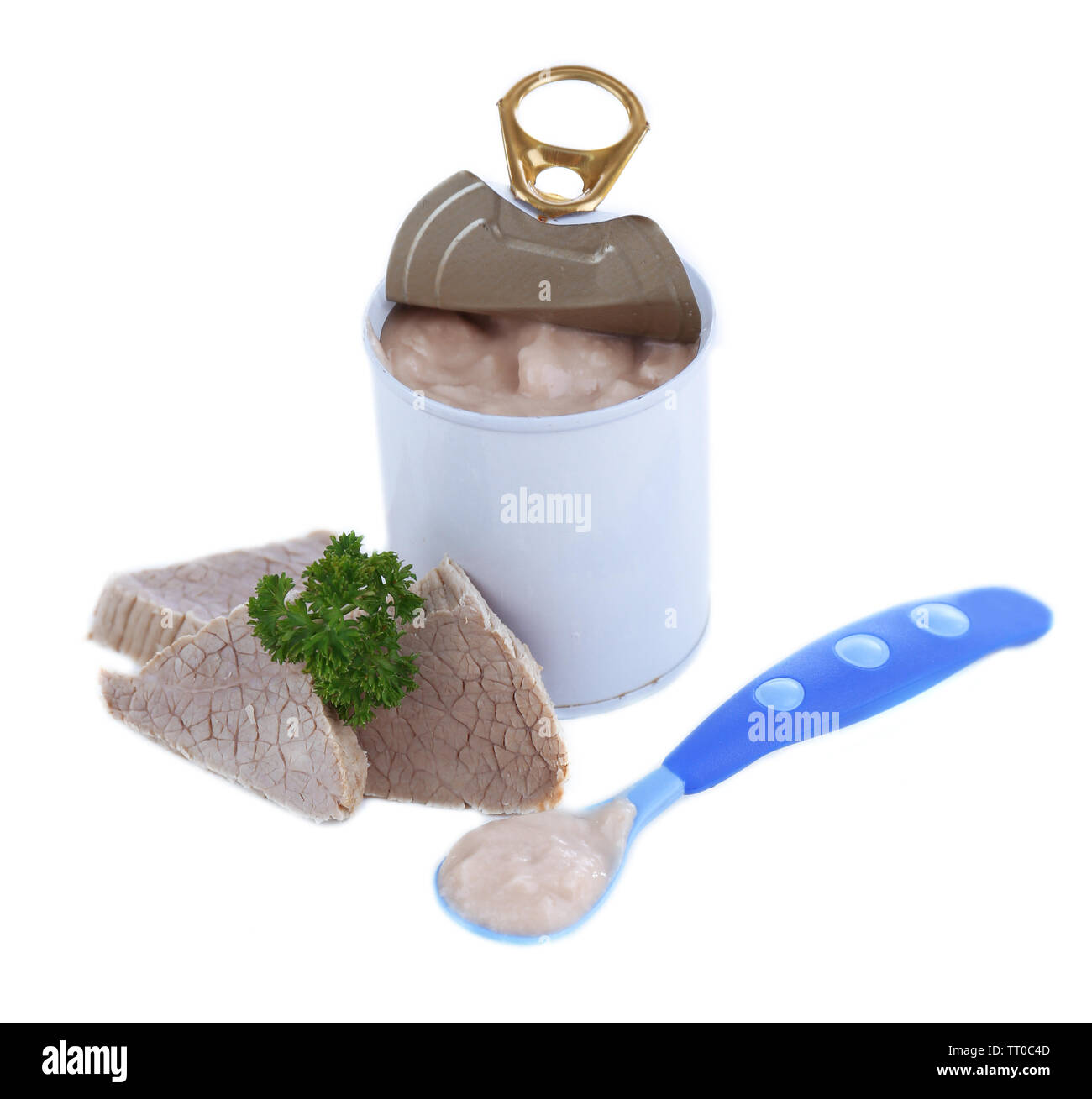 Meat paste for infant feeding, isolated on white Stock Photo - Alamy