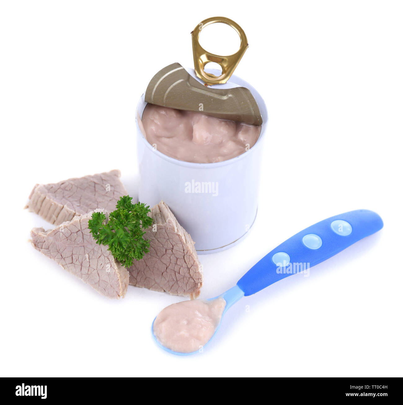 Meat paste for infant feeding, isolated on white Stock Photo - Alamy
