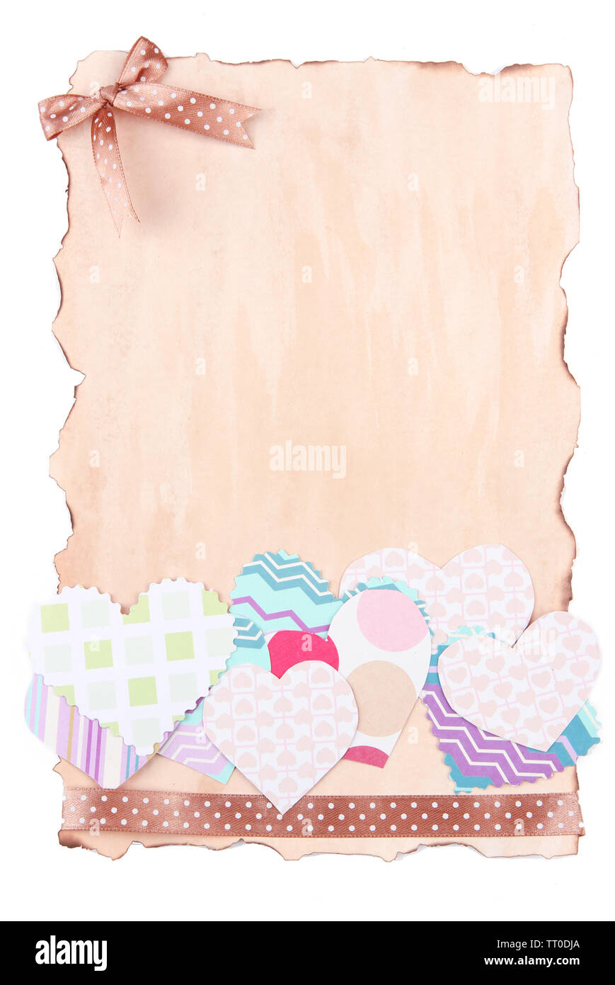 Beautiful sheet of paper with decorative hearts, isolated on white ...