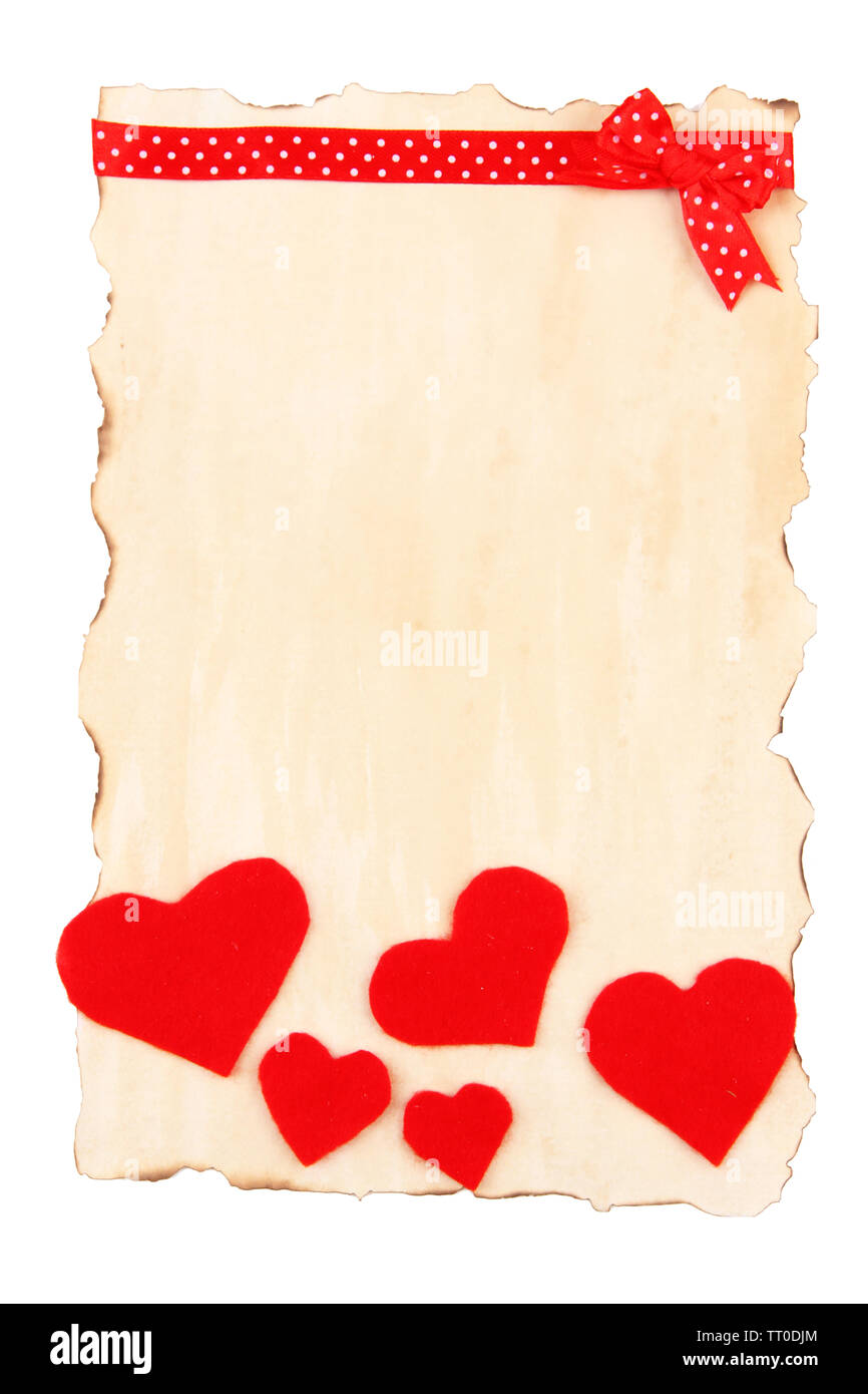 Beautiful sheet of paper with decorative hearts, isolated on white ...