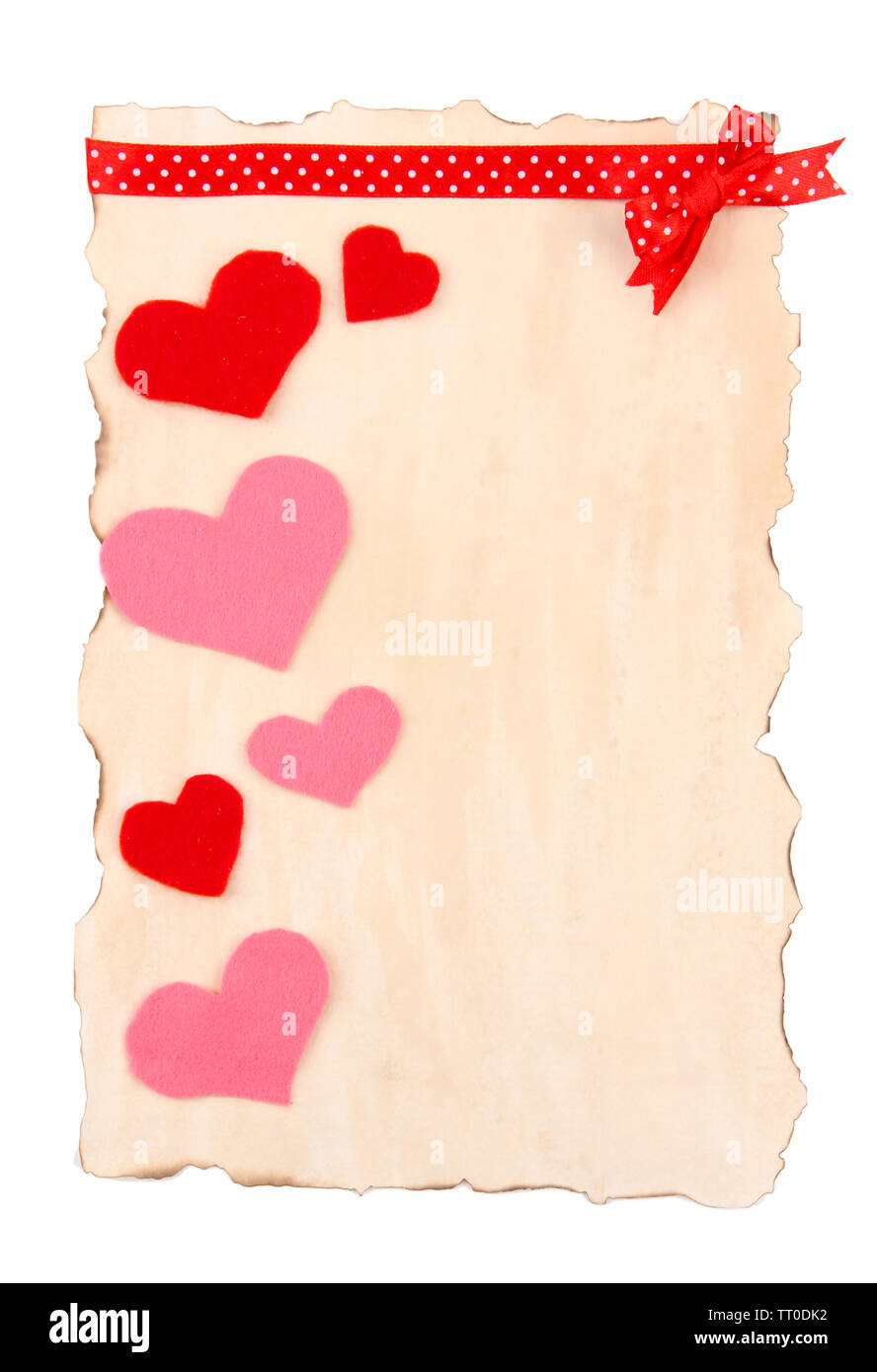 Beautiful sheet of paper with decorative hearts, isolated on white ...