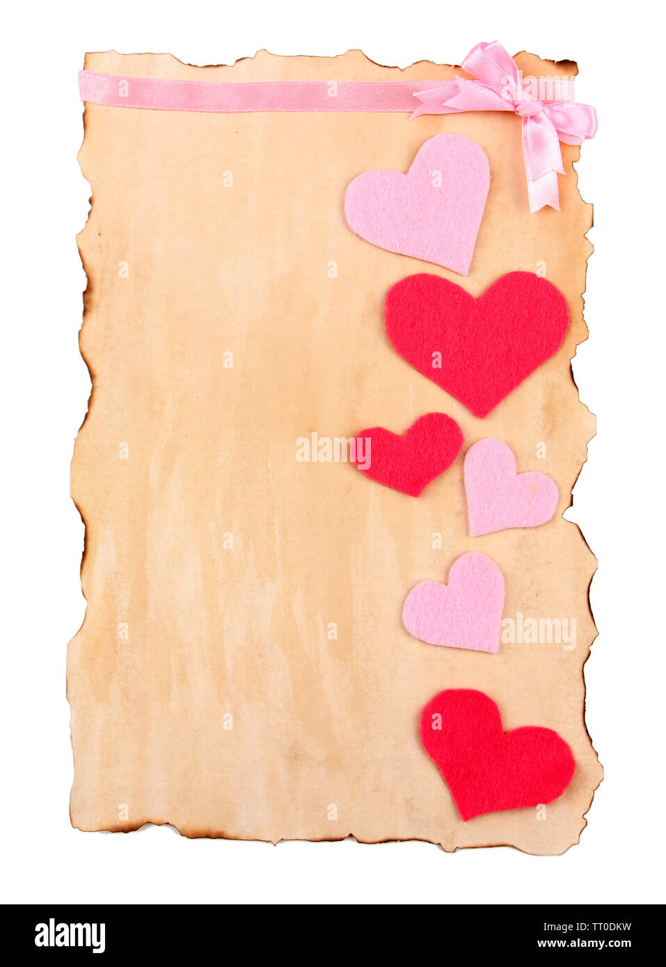 Beautiful sheet of paper with decorative hearts, isolated on white ...