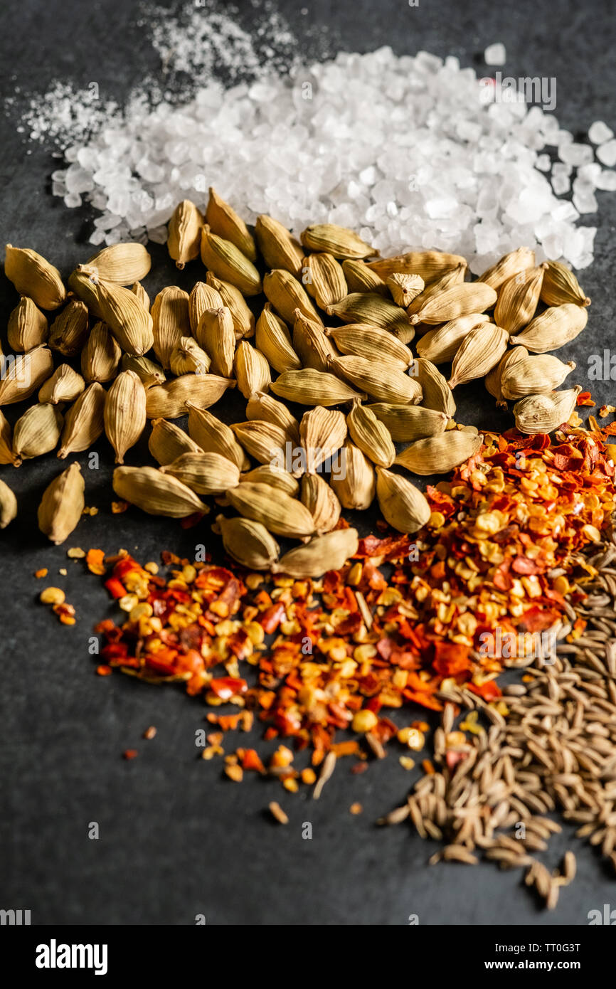 Cardamom, Chilli and Cumin Spices Stock Photo - Alamy