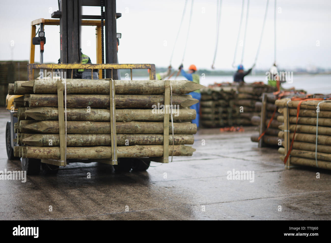 Loading timber by means of lifting and transport equipment in the ...