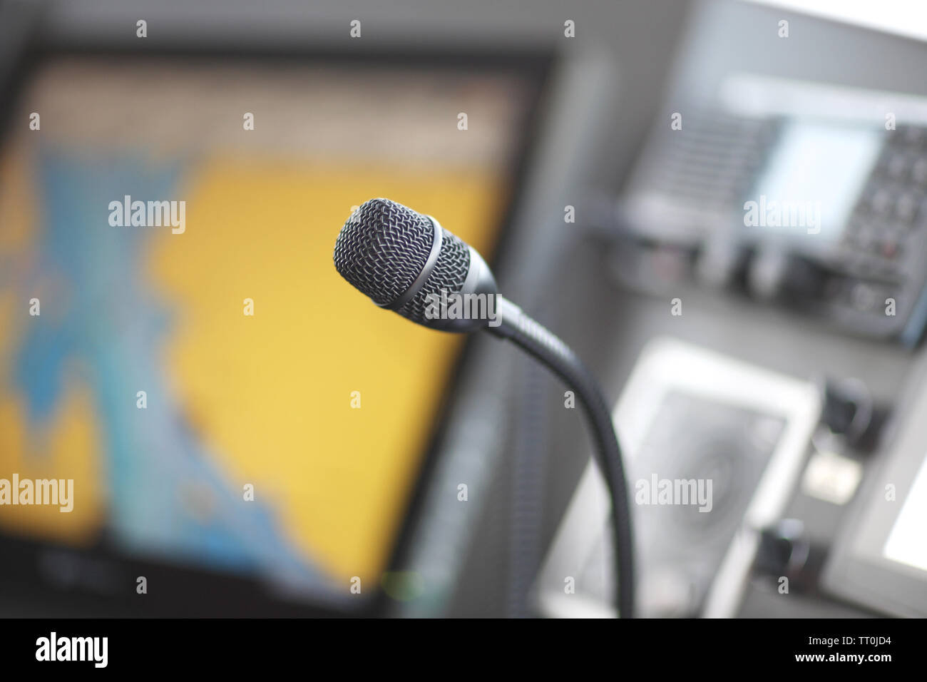 The microphone and instrument panel in the cockpit pilot boat Stock ...