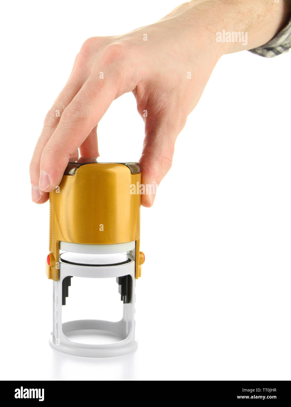 Hand holding stamp isolated on white Stock Photo - Alamy