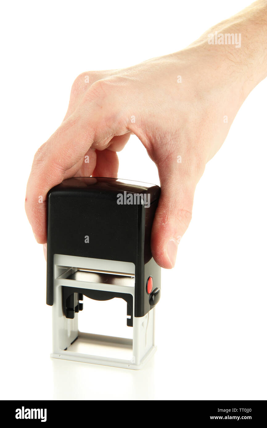 Hand holding stamp isolated on white Stock Photo - Alamy