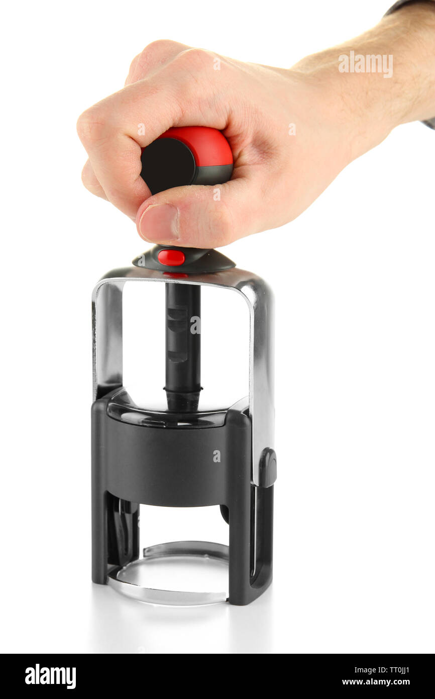 Hand holding stamp isolated on white Stock Photo - Alamy