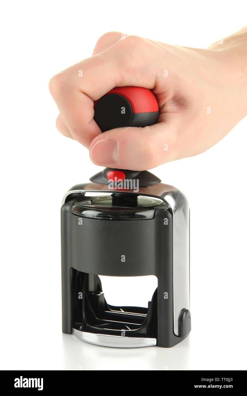 Hand holding stamp isolated on white Stock Photo - Alamy