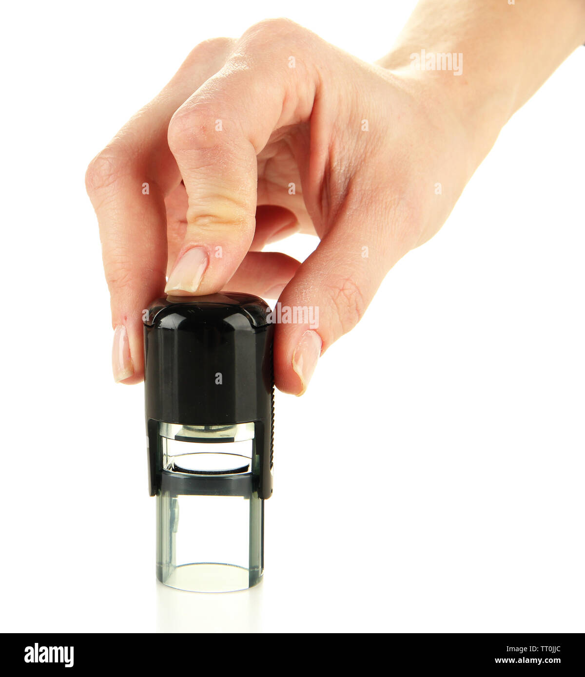 Hand holding stamp isolated on white Stock Photo - Alamy